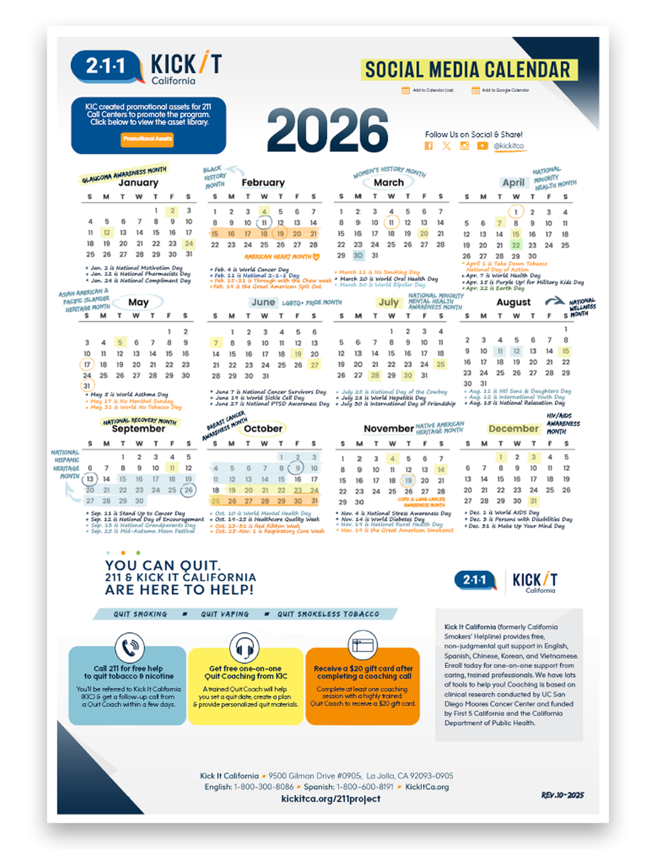 KIC x 211 2026 Social Media Calendar – Kick It California